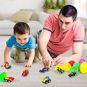 Easter Eggs Prefilled with 12 PCS Dinosaur Toys Figures, Colorful Easter Egg Fillers, Cake Toppers, Easter Basket Stuffers Toy Gifts Party Favor for Kids (Pull Back Cars)