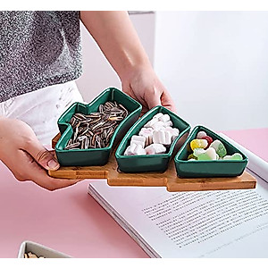 Green Christmas Tree Plates Chip & Dip Set, 11 Inches Christmas Ceramic Snack Plate with Bamboo Tray, Removable Porcelain Tree Appetizer Dessert Fruit Salad Saucers Bowl Cutlery Platter Serving Dish