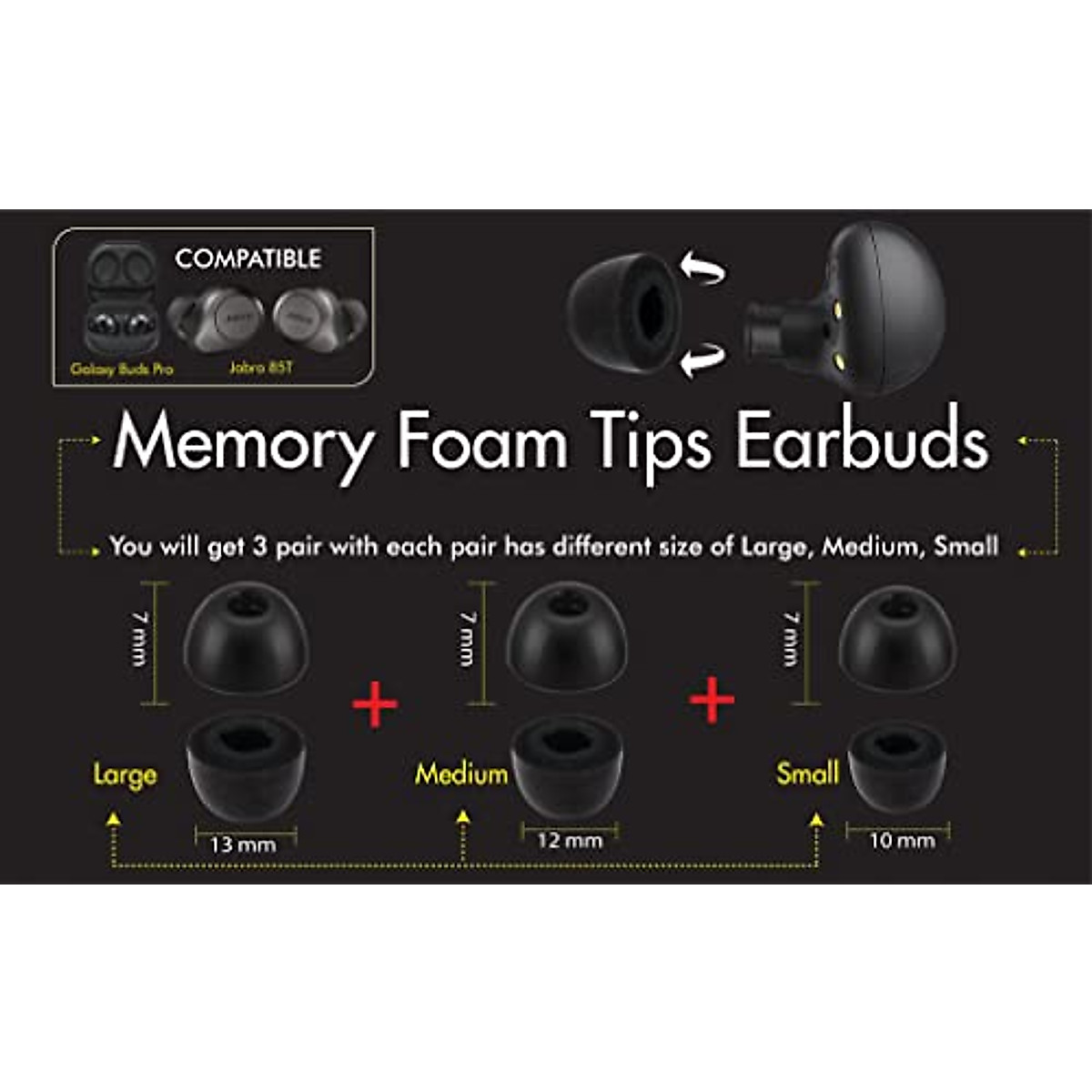 3X Pair Memory Foam Eartip Ear Bud Replacement for Samsung Galaxy Buds Pro Jabra 85t Headset Headphone Earpads Cushion, No Silicone Eartip Pain Anti-Slip, Fit in Charge Case (Size: Mixed L/M/S)