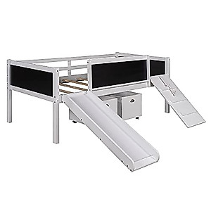 Harper & Bright Designs Kids Loft Bed with Slide and Double-Sided Chalkboard, Wooden Low Loft Bed Frame with 2 Storage Boxes, Twin Loft Bed for Boys & Girls (New, White)