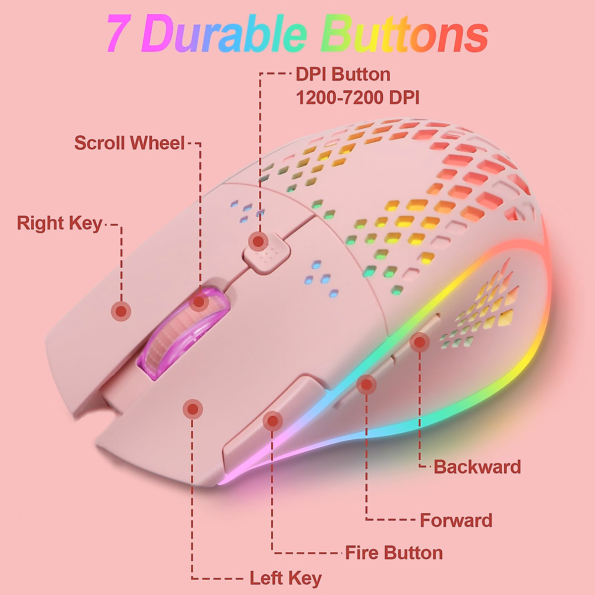 VEGCOO Wireless Gaming Mouse, C30 Silent Click Wireless Rechargeable Gaming Mouse with Double-Click Key and Colorful LED Lights, 3 Level Adjustable DPI for Gaming and Working (Pink)