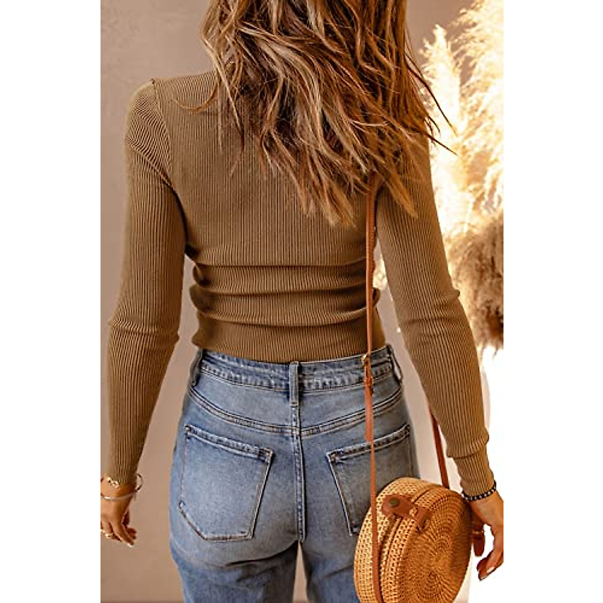 PRETTYGARDEN Women's Long Sleeve Cropped Sweaters Cross V Neck Pullover Ribbed Knit Slim Fitted Asymmetrical Tops Khaki