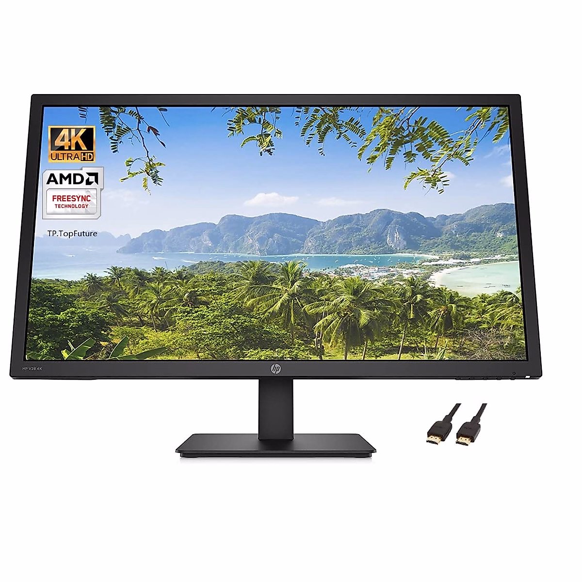 HP New Premium v28 4K Monitor: 28" UHD 3840 x 2160 (4K) TN Slim-Edge Display, AMD FreeSync Tech, Height/Tilt Adjustment, HDMI, DisplayPort, 1ms Response time, 16:9 Aspect Ratio, 60Hz, TF HDMI Cable