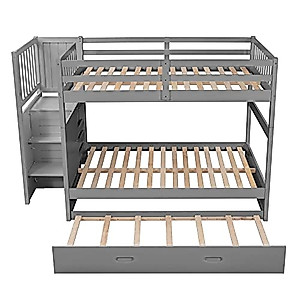Harper & Bright Designs Bunk Beds Full Over Full Size, Wood Full Bunk Bed with Trundle Bed, Bunk Beds with Stairway for Kids Teens Adults, No Spring Box Needed (Grey, Can be Convertible to 2 Beds)