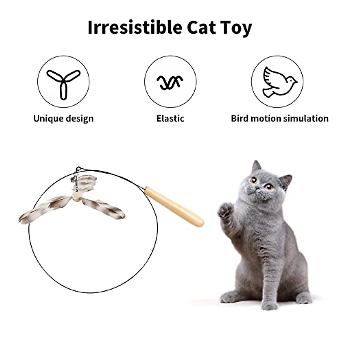 FUKUMARU Cat Wand Toy, 35.5 Inch Cat Feather Propeller Toy with Bell, Steel Wire Cat Toy for Indoor Cats with Natural Feather, Solid Wood Handle an Extra Cat Toy Feather Replacement