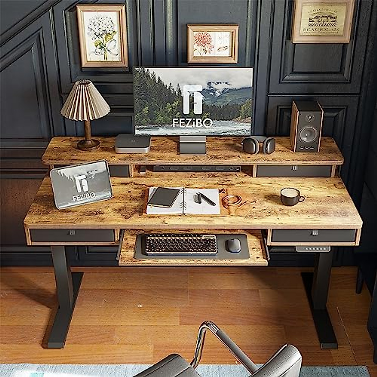 FEZIBO Height Adjustable Electric Standing Desk with 4 Drawers and Keyboard Tray, 55 x 24 Inch Table with Storage Shelf, Sit Stand Desk with Splice Board, Rustic Brown