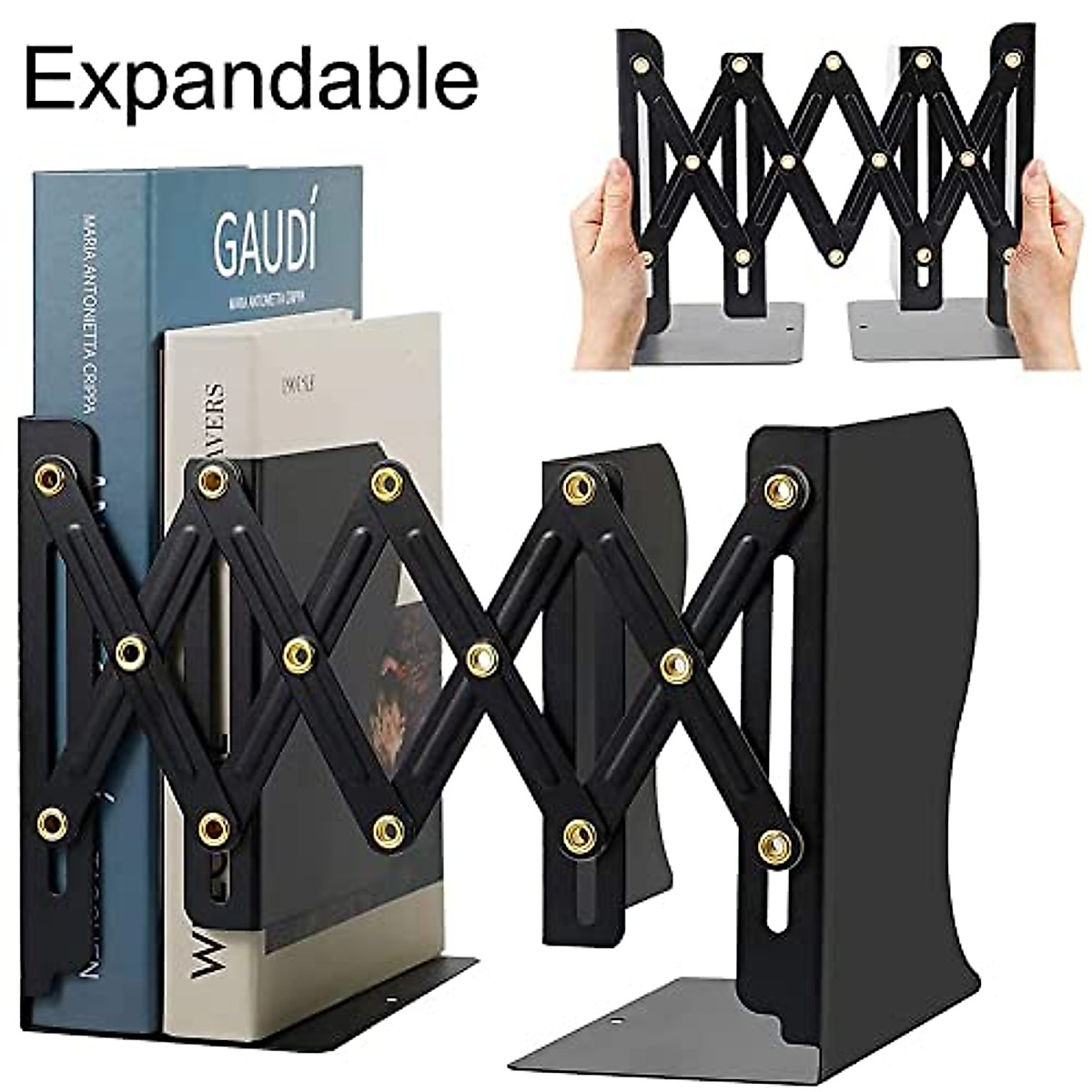 Metal Bookends for Heavy Books, Sturdy Book Stopper to Hold Books Heavy Duty, Adjustable Book Ends for Office & School (Black)