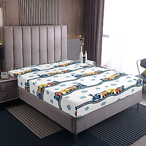 Erosebridal Kids Train Bed Sheets for Boys Girls Cartoon Car Twin Size Sheet Sets Steam Engine Sheets Railway Vehicles Sheet & Pillowcase Sets Transportation Truck Fitted Sheet with 1 Pillow Sham