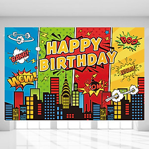 7x5ft Superhero Theme Backdrop for Children Boys Super Heros Comic Skyline Happy Birthday Party Supplies Decoration Baby Shower Backdrop Hero City Banner Decor Photography Backdrop