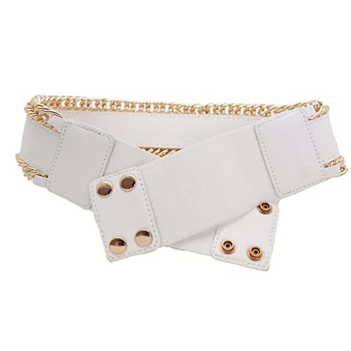 Women White Wide Fashion Belt - Elastic Waistband Gold Metal Chain Links Size S, Silver, One Size