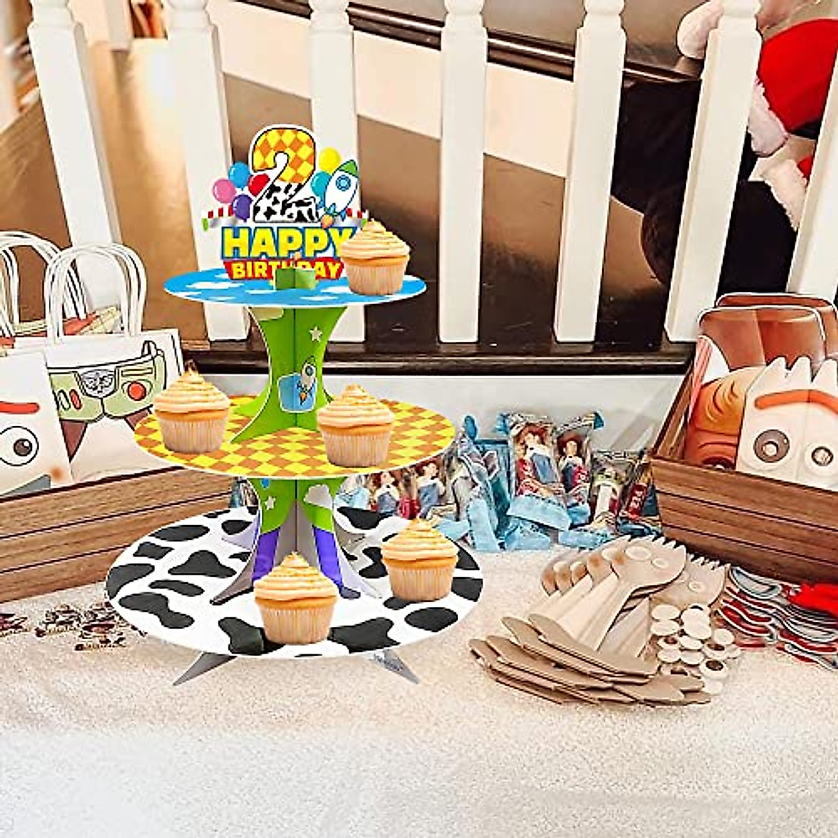 Cartoon Story Cupcake Stand 2nd Cardboard Cake Stand Dessert Tower Holder for Toy Theme Birthday Decoration Baby Shower Party Supplies