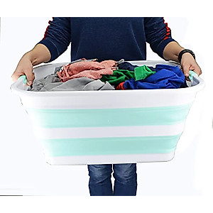 SAMMART 2 pcs Set : 42L (11 Gallon) Collapsible Plasic Laundry Basket & 9.2L (2.37 Gallon) Collapsible RectangularTub (Laundry Basket+Tub, Light Green+Bright Blue)