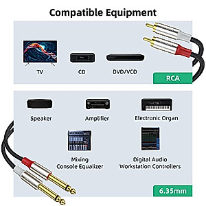 SCETREND RCA to 1/4 Cable 6ft, Dual 1/4 Inch TS Mono to Dual RCA Stereo Cable Male to Male Gold Plated Compatible for AV Receiver, Speaker, Amplifier, Home Theater System
