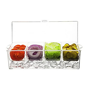 Oaklyn Large Clear Condiment Server Organizer on Ice with Containers and Lid – BPA-Free Serving Bar Compartments and Plastic Box Tray – Chilled Caddy Dispenser Set - Holds 80 oz Total