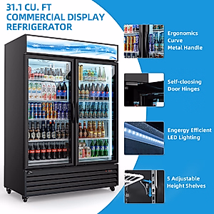 JAE Double Doors Merchandiser Refrigerator, Low-E Tempered Glass Display Refrigerator, Auto-defrost Upright Beverage Cooler w/Digital Temp. Control, R290 Eco-friendly Compressor, ETL, 31.1 Cu. Ft