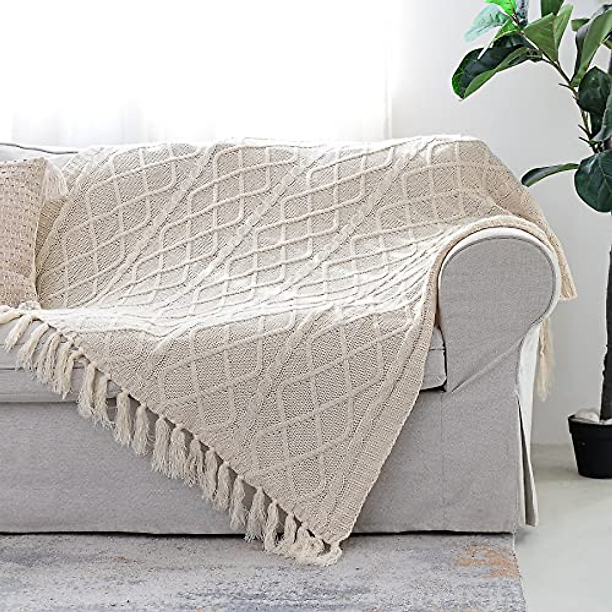 Solid Soft Cozy Cable Knitted Blanket Throw, Lightweight Decorative Textured Cream Throw Blanket with Fringes for Couch Chairs Bed Sofa,Beige, 50"x 60"