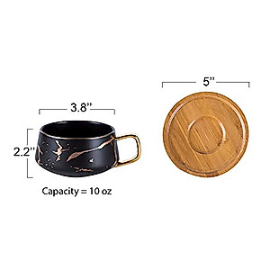 Jusalpha 10 oz Golden Hand Print Tea Cup And Saucer Set/Coffee Cup And Bamboo Saucer Set TCS19 (Black)