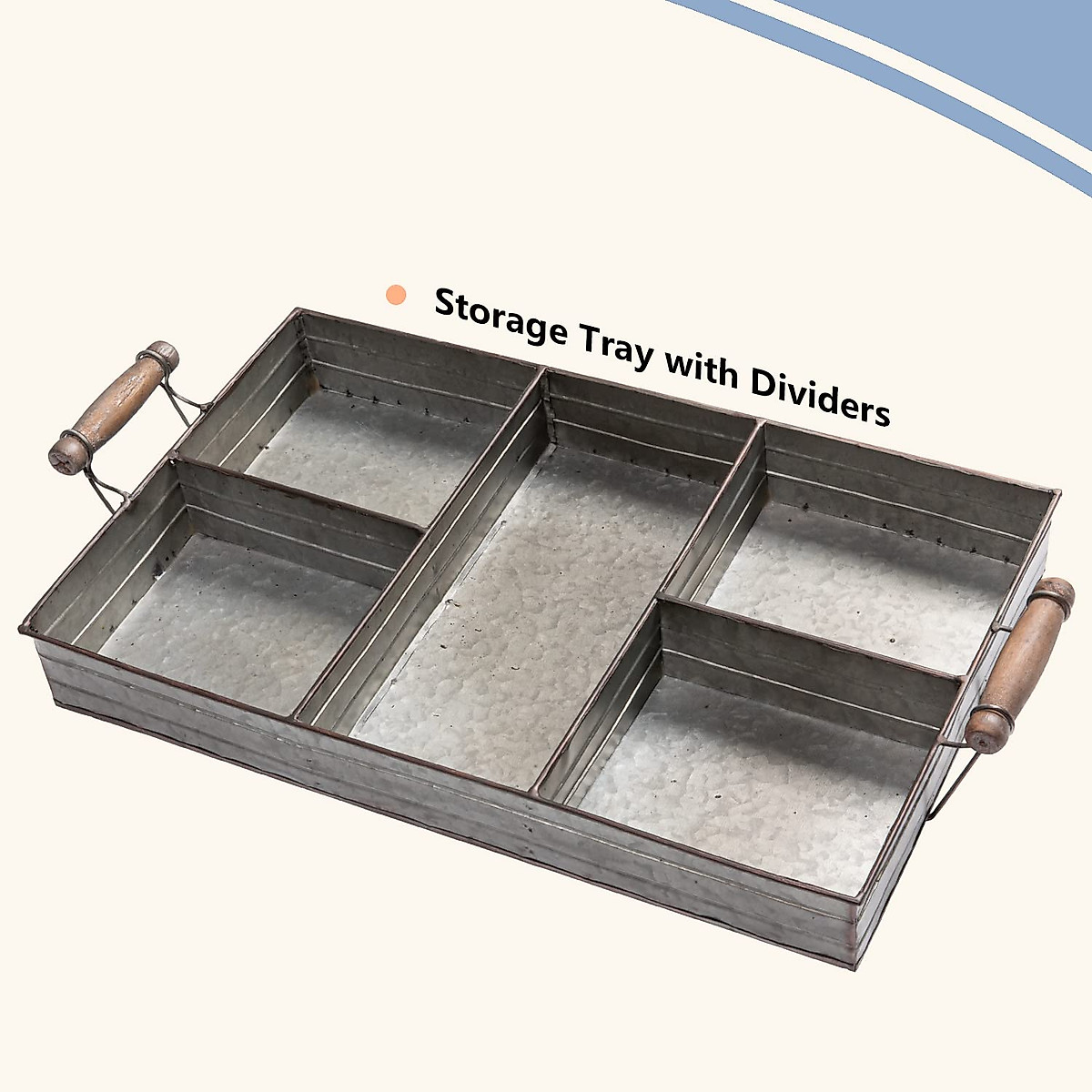 HOMPUS Galvanized Metal Storage Tray with Dividers Rustal Farmhouse Desk Organizer with Handle, Decorative Silverware Drawer Caddy with 5 Compartments for Home, Kitchen, Living Room or Office