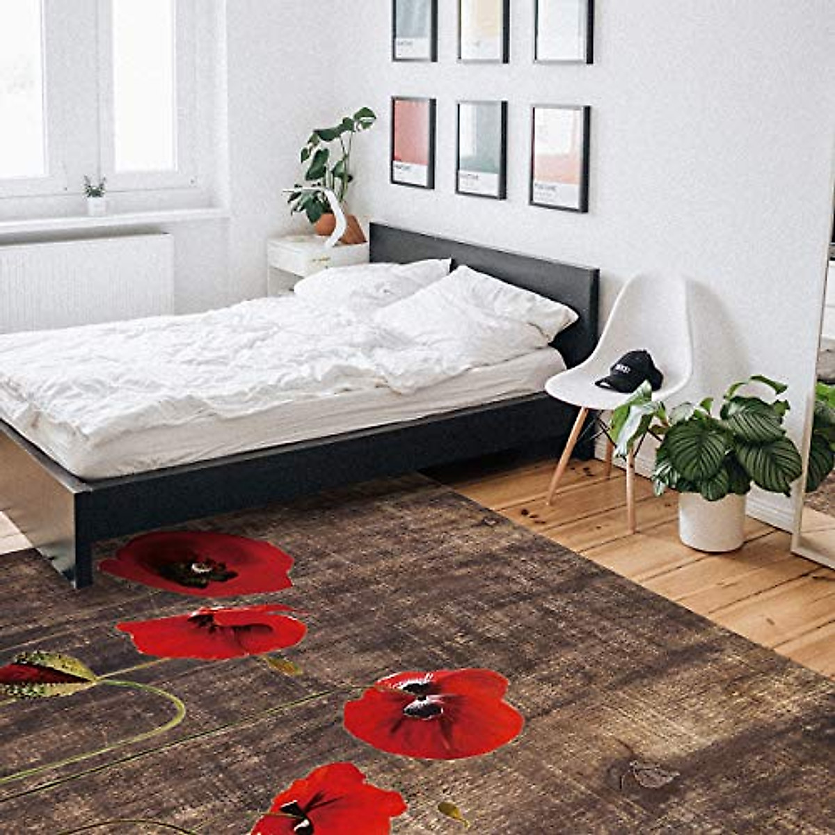 Indoor Area Rugs, Poppy Flower Wooden Background Non-Slip Rubber Backing Rug, Non-Shedding Floor Carpet Washable Throw Rug for Living Room Bedroom Dining Home, 4' x 6'