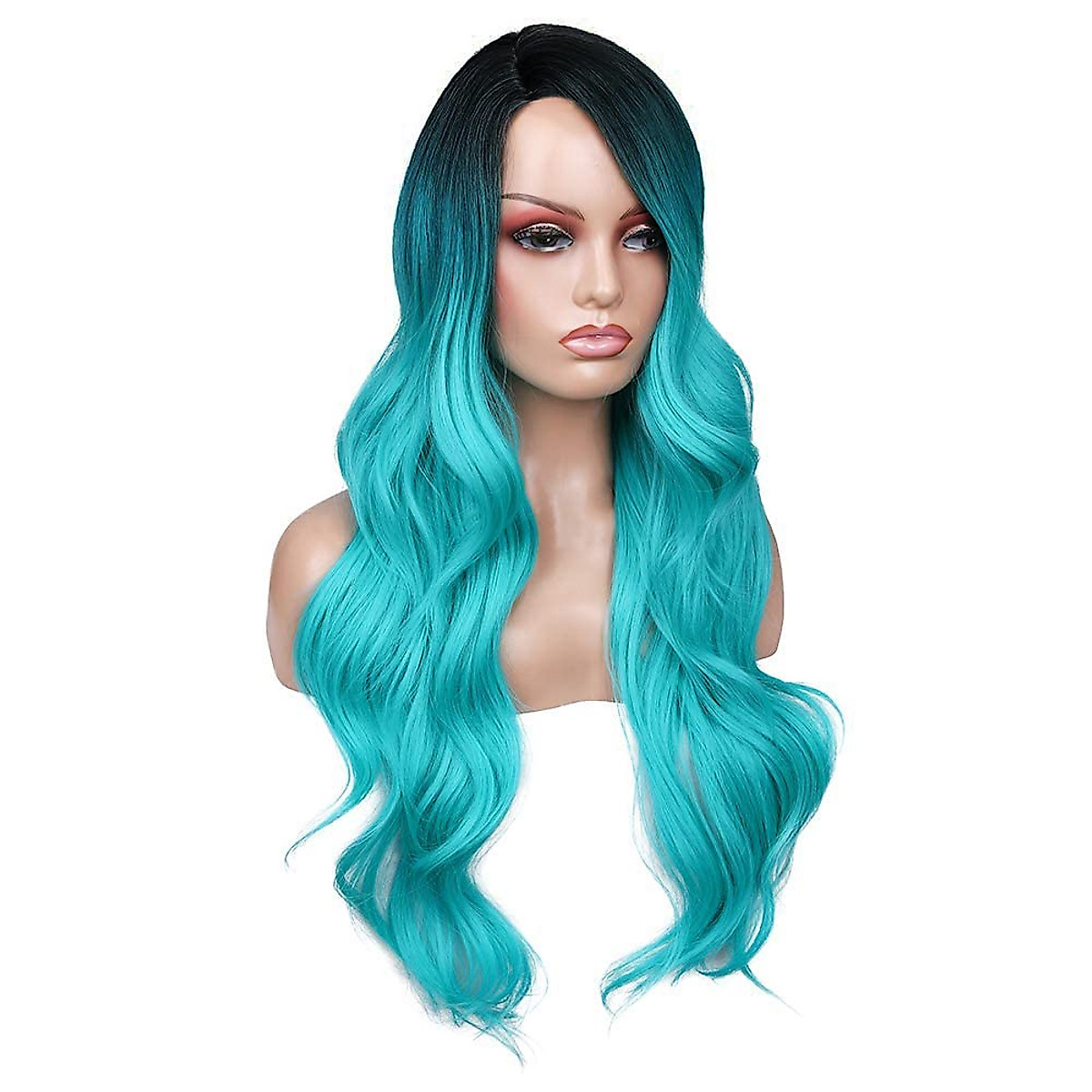 FAVE Ombre Bluish Green Wig Long Wavy Side Part Wig Heat Resistant Synthetic Hair Teal Blue Wig Mermaid Wigs for Women (Ombre Bluish Green)
