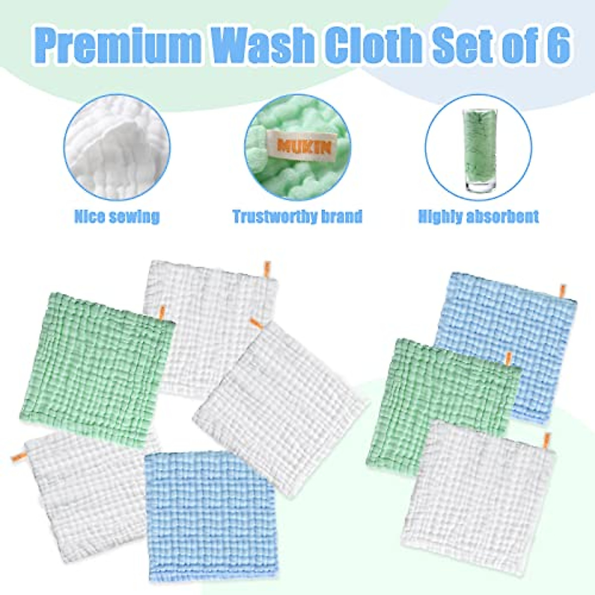 MUKIN Baby Washcloths - Soft Face Cloths for Newborn, Absorbent Bath Face Towels, Baby Wipes, Burp Cloths or Face Towels, Baby Registry as Shower. Pack of 10 (Green,Blue,White)