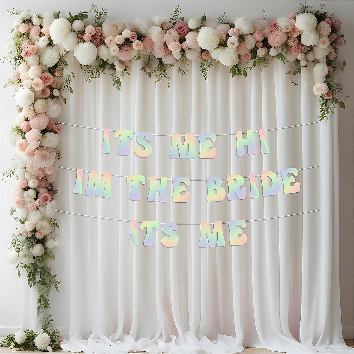 Pre-Strung Holographic Bachelorette Party Banner Iridescent Its Me Hi I'm The Bride Its Me Banner for Bachelorette Party Decoration