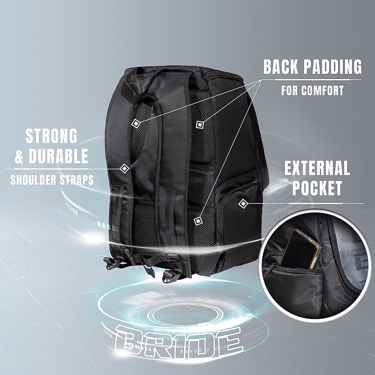 JDM LAB Spec R Bride Racing Fabric Large Capacity Everyday Backpack, Laptop Compartment, Water-Resistant, Casual Bookbag (Gradation/Black)