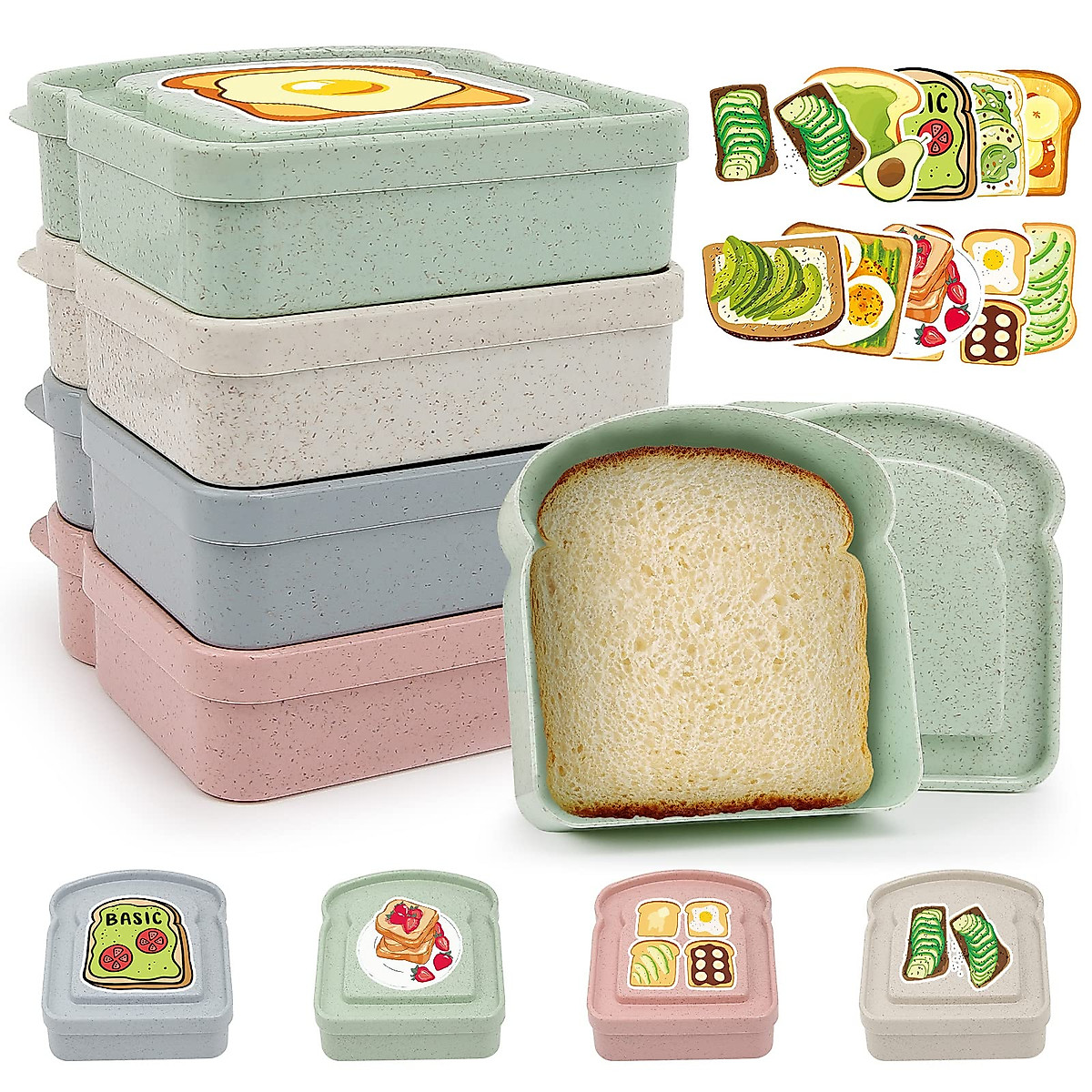 Sandwich Containers, 4pcs Sandwich Containers for Lunch Boxes with 10 Sheets Toast Graffiti Stickers, Food Storage Sandwich Box with Lid, BPA Free, Microwave & Dishwasher Safe, for Kids or Adults.