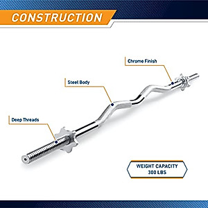 Marcy Threaded Chrome Steel Curl Bar with Collars for All Standard Plates Free Weightlifting Accessory for Home Gym TCB-48R