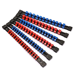 CASOMAN 6PC ABS Socket Organizer, 1/4-Inch, 3/8-Inch, 1/2-Inch, Premium Quality Socket Holders (6-Piece Set, Blue & Red)