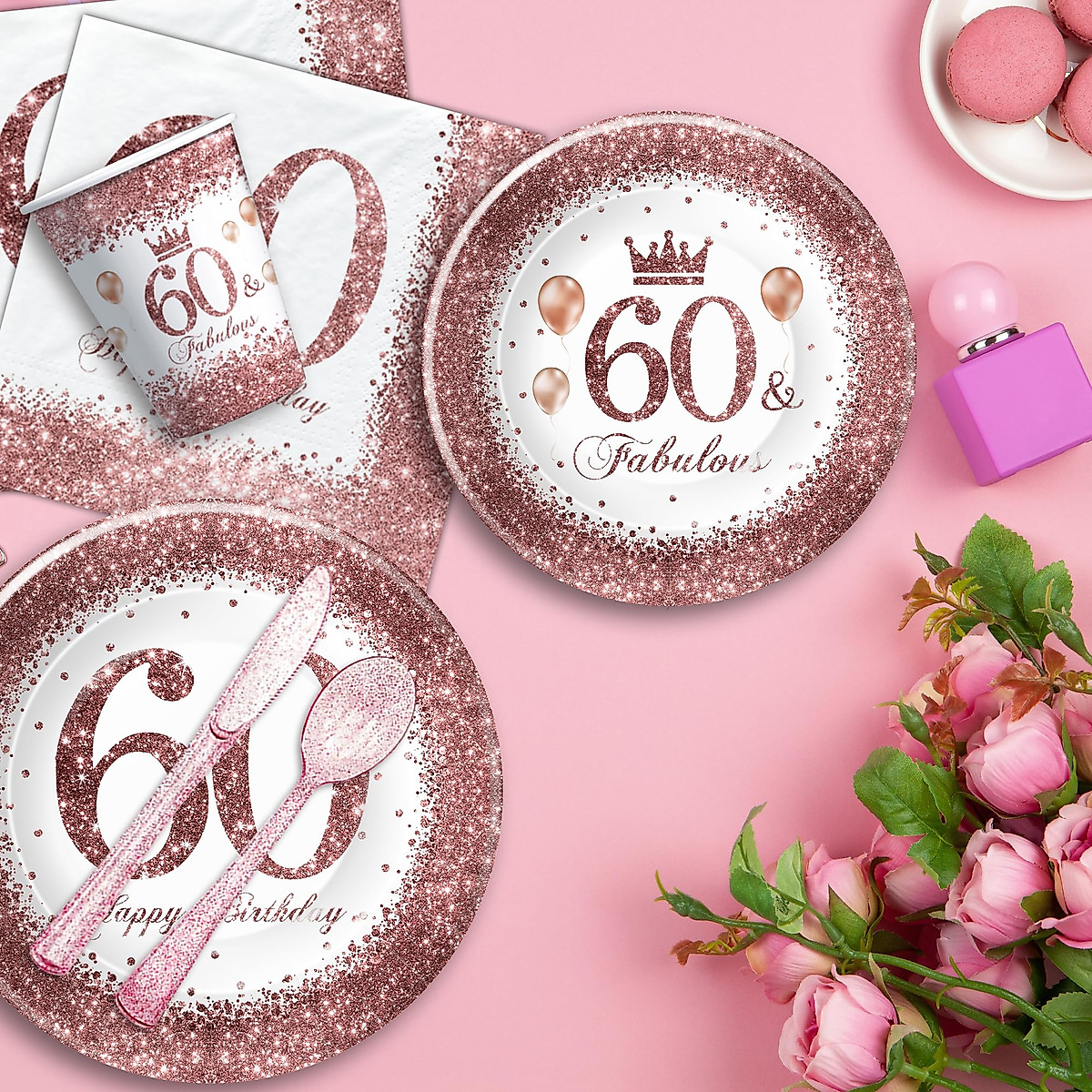 Xigejob 60th Birthday Decorations Women Tableware, Rose Gold 60 And Fabulous Decorations Dinnerware, Plate, Cup, Napkin, Tablecloth, Cutlery, Happy Sixty 60-Year-Old Birthday Party Supplies, Serve 24