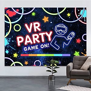 7x5ft Game On VR Party Backdrop Birthday Game Night Background Colorful Video Game Bday for Boy Party Decoration Neon Theme Level Up PlayStation Glow Gamer Photography Supplies Photo Booth Props