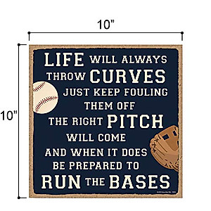 Honey Dew Gifts Home Sign, Life Will Always Throw Curves 10 inch by 10 inch Hanging Wall Baseball Decor, Decorative Wood Sign, Baseball Gifts