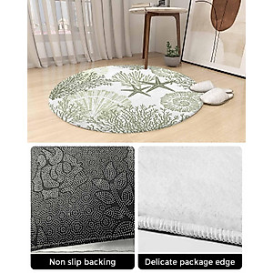 Sage Green Shell Fluffy Round Area Rug Carpets 3.3ft, Plush Shaggy Carpet Soft Circular Rugs, Non-Slip Fuzzy Accent Floor Mat for Living Room Bedroom Nursery Ocean Nautical Starfish Abstract Geometric