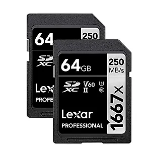 Lexar Professional 1667x 64GB (2-Pack) SDXC UHS-II Cards, Up To 250MB/s Read, for Professional Photographer, Videographer, Enthusiast (LSD64GCBNA16672)