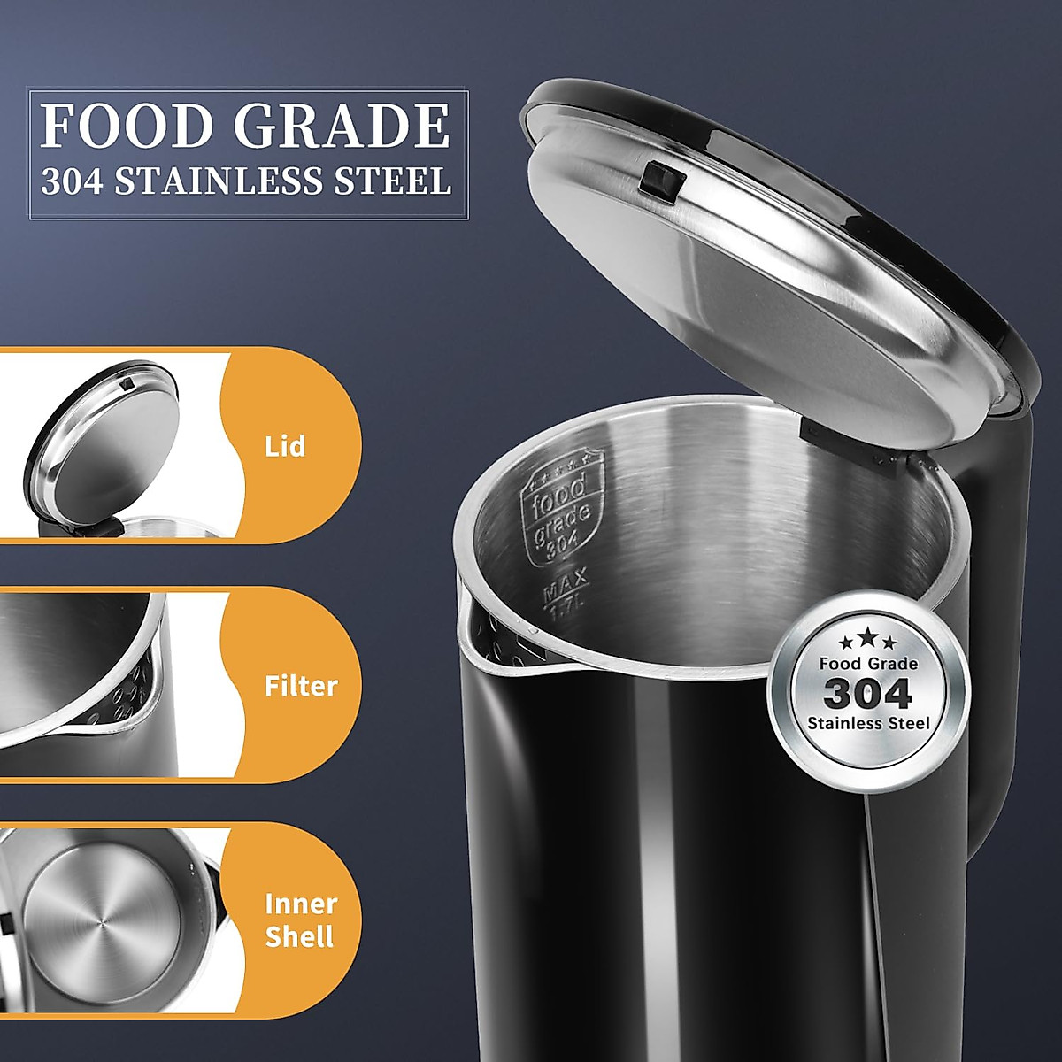 Aigostar Electric Kettle, 1.7L Double Wall 304 Stainless Steel Interior Hot Water Boiler Heater, Cool Touch Electric Tea Kettle, 1500W Fast Boiling, Auto Shut-Off, Boil Dry Protection, BPA-Free, Black