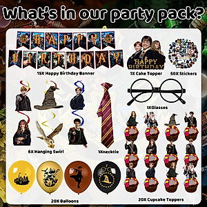114Pcs Magical Wizard Birthday Decorations, Wizard Party Decorations Include Banners, Cupcake Toppers, Hanging Swirls, Balloons, Stickers, Wizard Tie and Glasses for Kids Birthday Party Favors