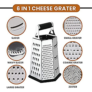 Utopia Kitchen - Cheese Grater & Shredder - Stainless Steel - 6 Sided Box Grater - Large Grating Surface with 6 Razor Sharp Blades - Non Slippery rubber bottom - Perfect to Slice, Grate, Shred & Zest Fruits, Vegetables, Cheeses & Many more! (Black)