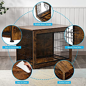 TABU Dog Crate Furniture, Wooden Dog Furniture End Table, Indoor Dog Kennel with Multi-Purpose Removable Tray, Double Door Dog Cage for Small/Medium Dogs,Rustic Brown,38" L