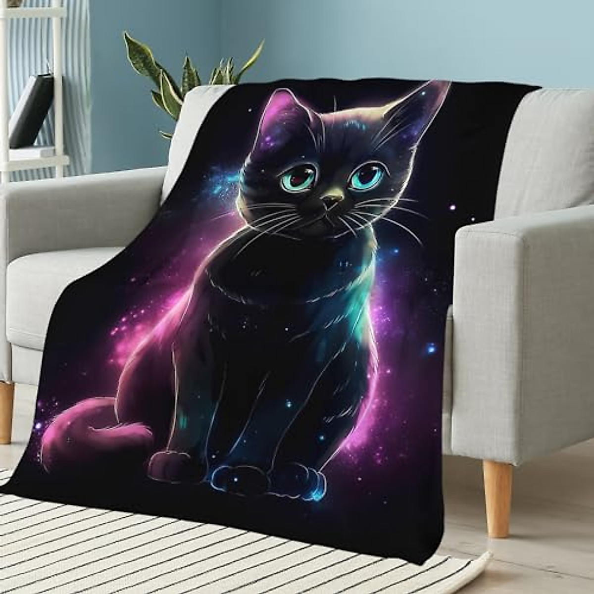 ALIFAFA Cat Blanket, Cute Black Cat in Blue Purple Galaxy Throw Blanket, Cat Gifts for Girls Boys, Plush Cat Lovers Gift Blanket Throws, Soft Cat Stuff for Kids,50"x40"
