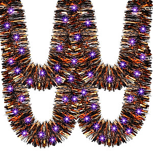 Chuangdi 16.4 ft Halloween Tinsel Garland Halloween Twist Garland with 50 LED String Lights Battery Operated Garland Hanging Metallic Tinsel Decoration for Party (Multi Color)