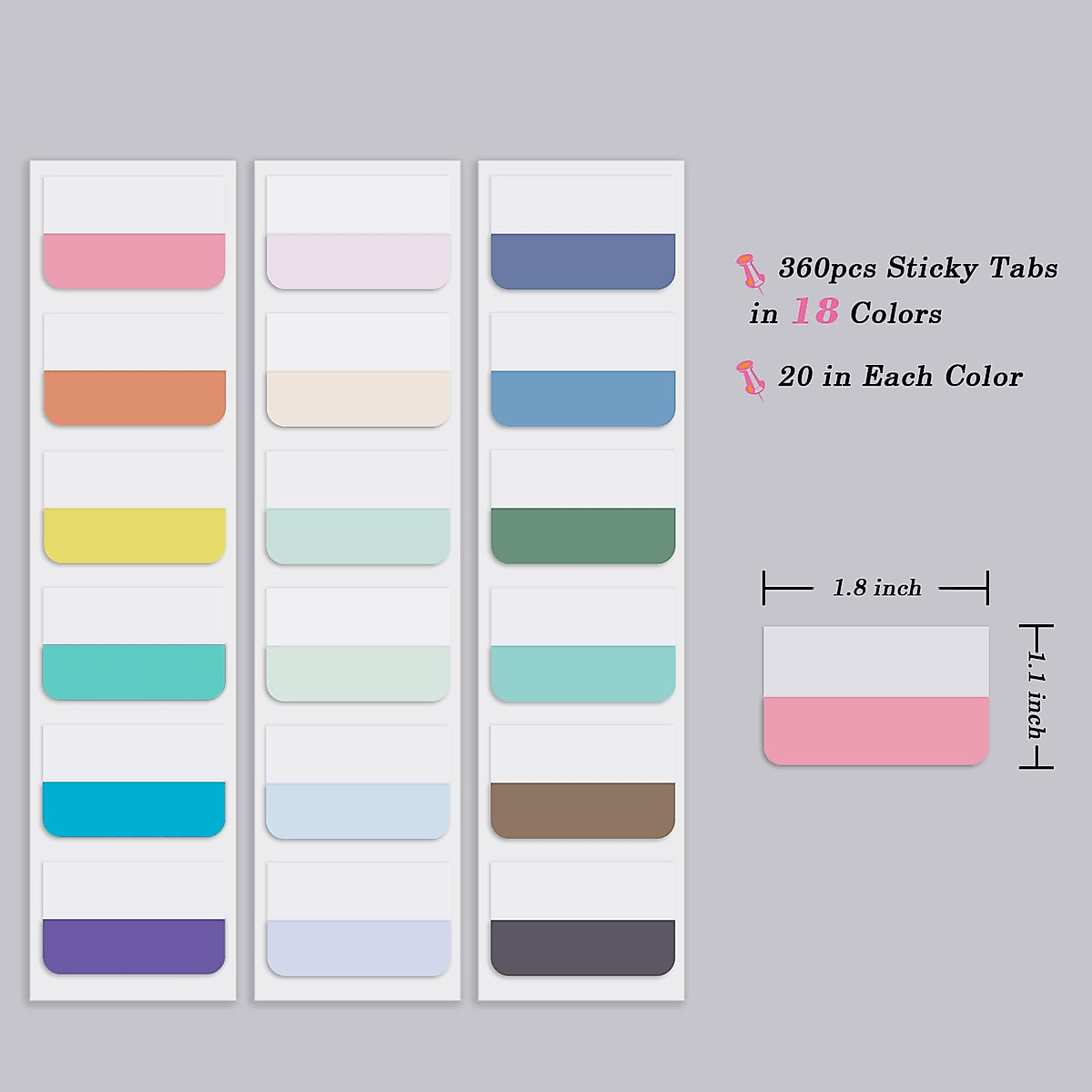 Lumintutu 18 Colors 360pcs Sticky Index Tabs, Large Book Annotation Tabs Repositionable Page Markers Labels for Notebooks, Bible, Binder, File Folder, Planner and Journaling Supplies (1.8×1.1 Inch)