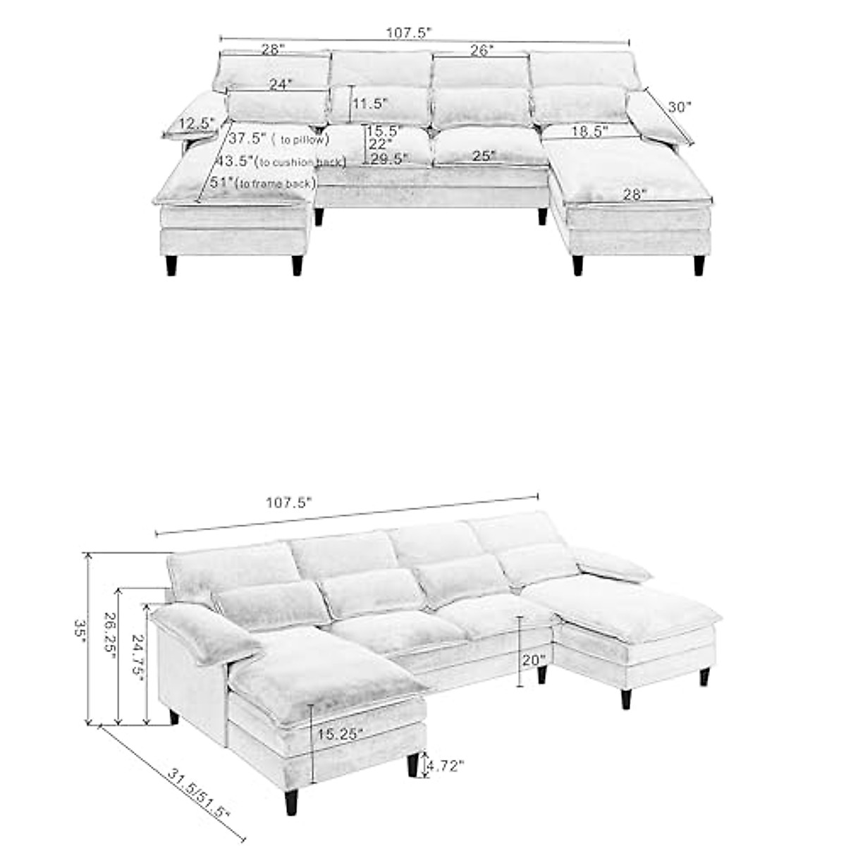 Symmetrical U Shaped Modular Sectional Sofa Cloud Couch, 6 Seater Oversized Convertible Sleeper Couch with Double Chaise & Memory Foam, Deep Seat Corner Sofa&Couches for Living Room Office