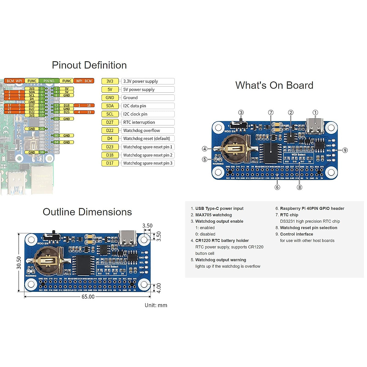 Waveshare RTC WatchDog HAT for Raspberry Pi Auto Reset High Precision RTC Real time clock Compatible with Jetson Nano