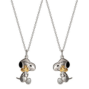 PEANUTS Snoopy Womens Friends Forever Woodstock and Snoopy Pendant Necklaces 2-Piece Set - Sterling Silver Matching Snoopy Necklaces 18" - Officially Licensed
