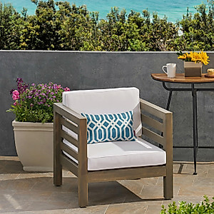GDFStudio Outdoor Acacia Wood Club Chair with Cushion, Gray Finish and White