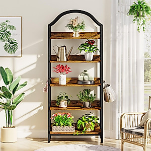 Tribesigns 5-Tier Bookshelf, 73" Tall Arched Bookcase, Industrial Wood Storage Rack Open Shelves with 4 Hooks, Modern Standing Bookshelves Metal Frame Display Rack for Home Office, Brown, 1 Pc