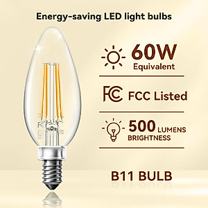 TJOY LED Candelabra Bulbs Dimmable, 60W Equivalent Chandelier Light Bulbs, 4.5W 2700K Warm White, 500LM, E12 Base, B11 Vintage LED Filament Clear Glass Candle Bulb for Ceiling Fan, Chandeliers,12 Pack