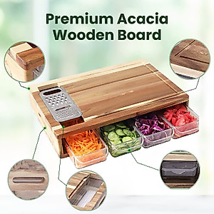 Acacia Wood Cutting Board with Containers & Lids, 3in1 Grater and bonus Bamboo Phone and Tablet Holder by SWILLT-Large Acacia Wood Chopping Board with 4 Storage Trays, Food Prep Cleanup, Juice Groove