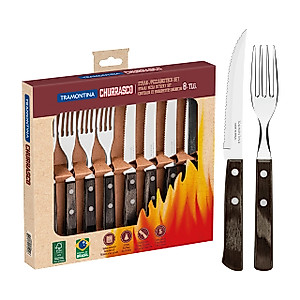 Tramontina Cutlery Set with Steak Knives, 8 Piece Sharp Knife and Fork Set with Wooden Handles, ‎Camping, Kitchen, Rustic, Dishwasher Safe, 29899296